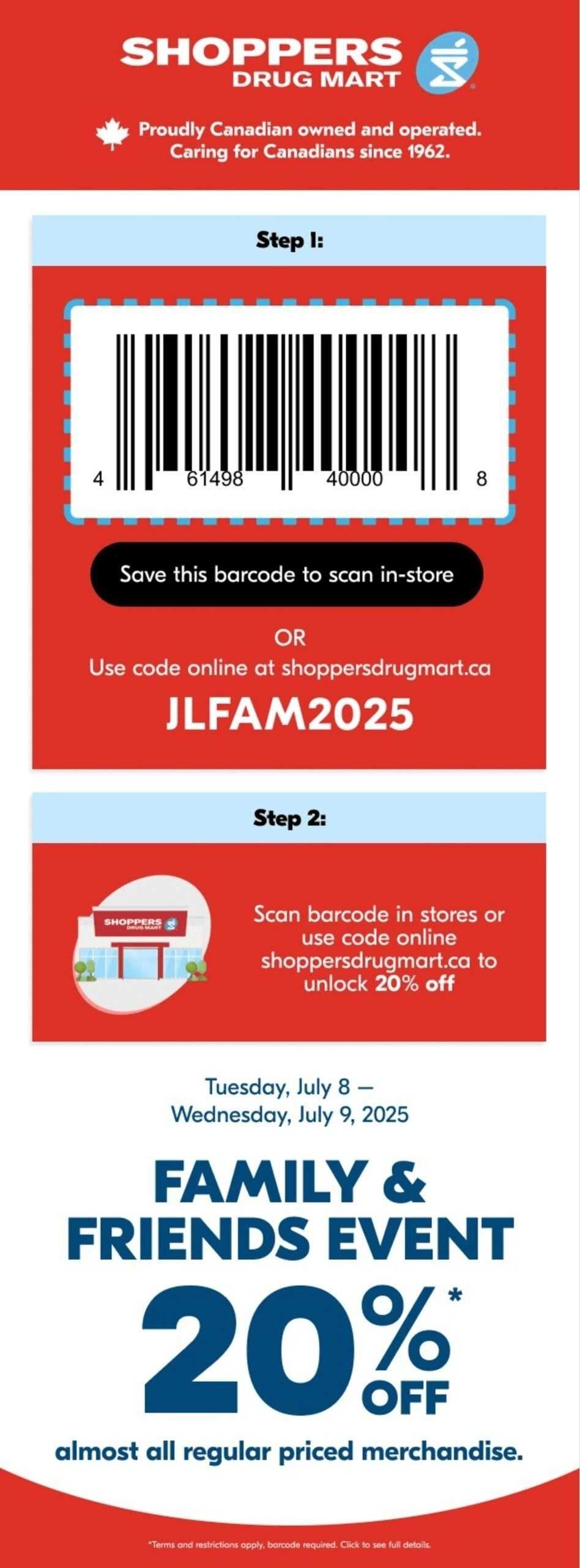 Shoppers Drug Mart Family & Friends Event 20% off Coupon July 8 to 9